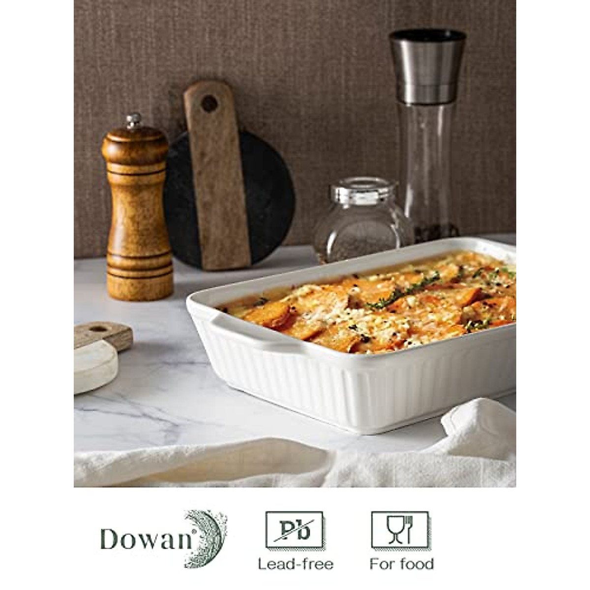 DOWAN Casserole Dishes for Oven, Ceramic Baking Dishes for Oven Set of 3, Lasagna Pan Deep, Baking Pan Set Rectangular Casserole Dish Set with Handles for Baking, White (15.6''/12.2''/8.9'')