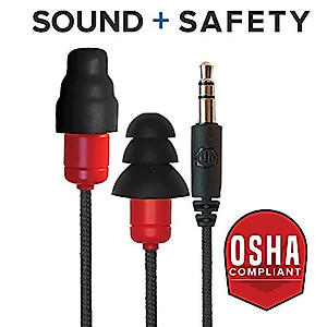 Plugfones Protector VL Audio Earbuds, OSHA Compliant Earplugs with Sound, Black & Red
