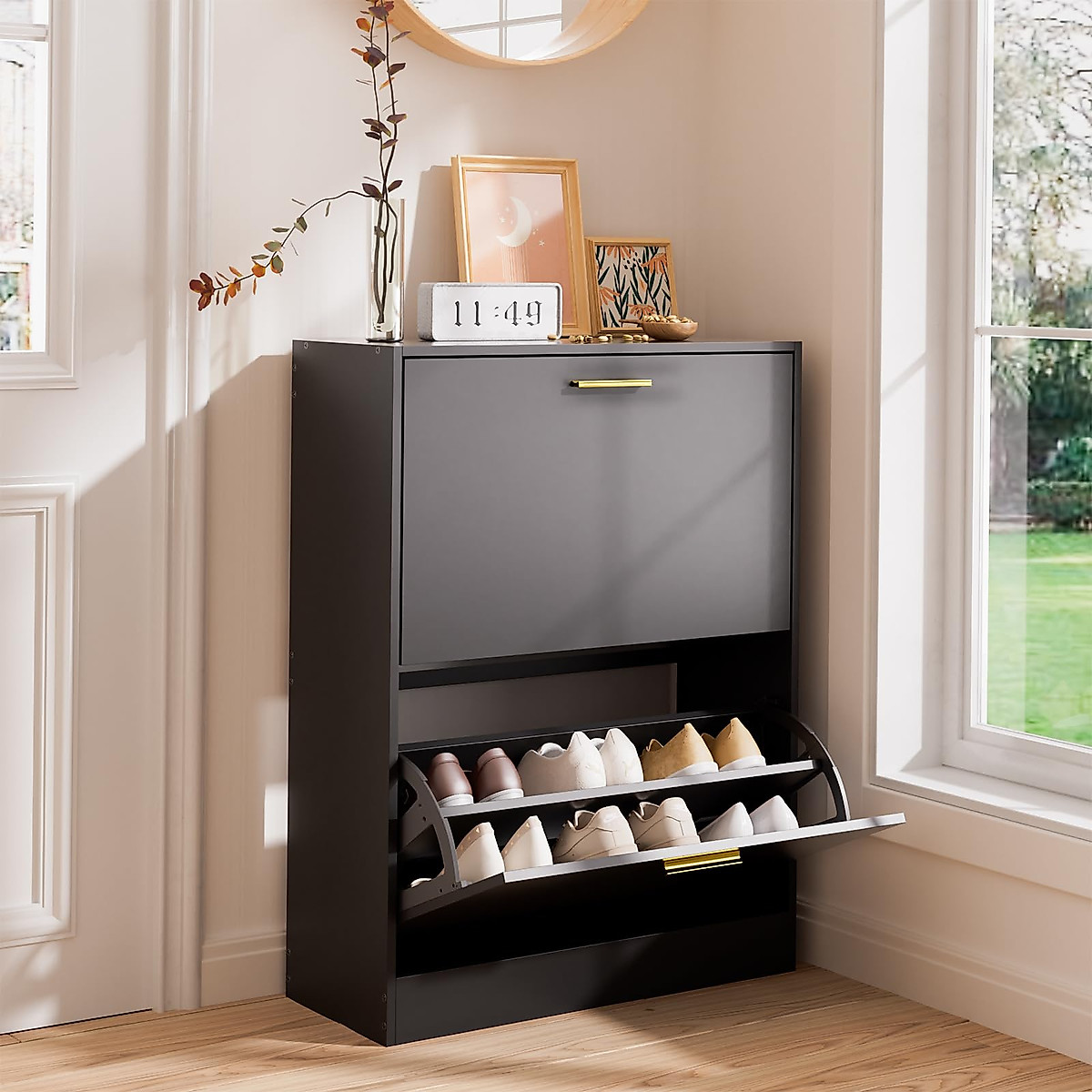 LYNSOM Shoe Cabinet, Free Standing Tipping Bucket Shoe Rack Organizer with 2 Flip Drawers, Modern Entryway Shoe Storage with Top Display, Narrow Slim Hidden Shoe Cabinet (Black)