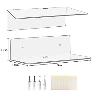 Bolidery 4 Pack Acrylic Floating Shelves, 9" Small Wall Shelf for Storage & Decoration, Adhesive Wall Mounted Shelf for Bedroom,Living Room,Bathroom