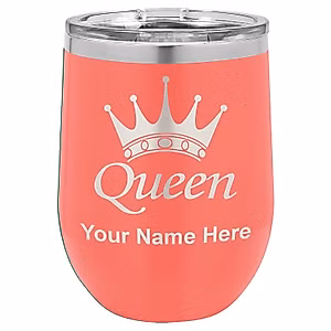LaserGram Double Wall Stainless Steel Wine Glass Tumbler, Queen Crown, Personalized Engraving Included (Coral)