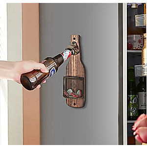 SODUKU Vintage Wooden Wall Mounted Bottle Opener with Cap Catcher for Beer Lovers