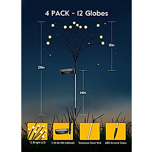 Solar Garden Lights - 4 Pack 12 LED Solar Firefly Lights with 2 Lighting Mode, Sway by Wind, Waterproof Solar Decorative Lights, Solar Outdoor Lights for Yard Patio Walkway Decoration, Warm White