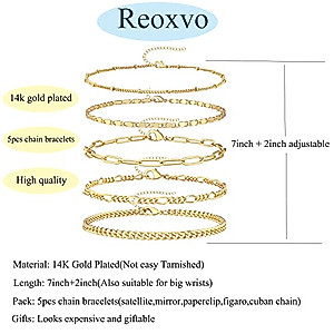 Reoxvo Gold Bracelets Jewelry Gifts Set for Women Fashion Dainty Gold Adjustable Layered Link Chain Bracelet Pack for Women 14K Real Gold Cute 5pcs