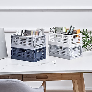 Klyuqoz Pastel Crates, 3 Pack Storage Crates Plastic Stackable, Large Size (9.5 X 6.3 X 3.9 in), Desktop Storage Crates, Folding for Home Kitchen Bedroom Office.Blue, Gray, White