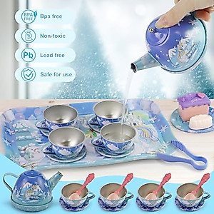 Toddler Toys Tea Set for Little Girls - 48 Pcs Tin Tea Set for Kids Includes Teapot, Tea Cup, Saucers Set Snack Plates & Desserts , Unicorn Princess Tea Party Set with Carrying Case