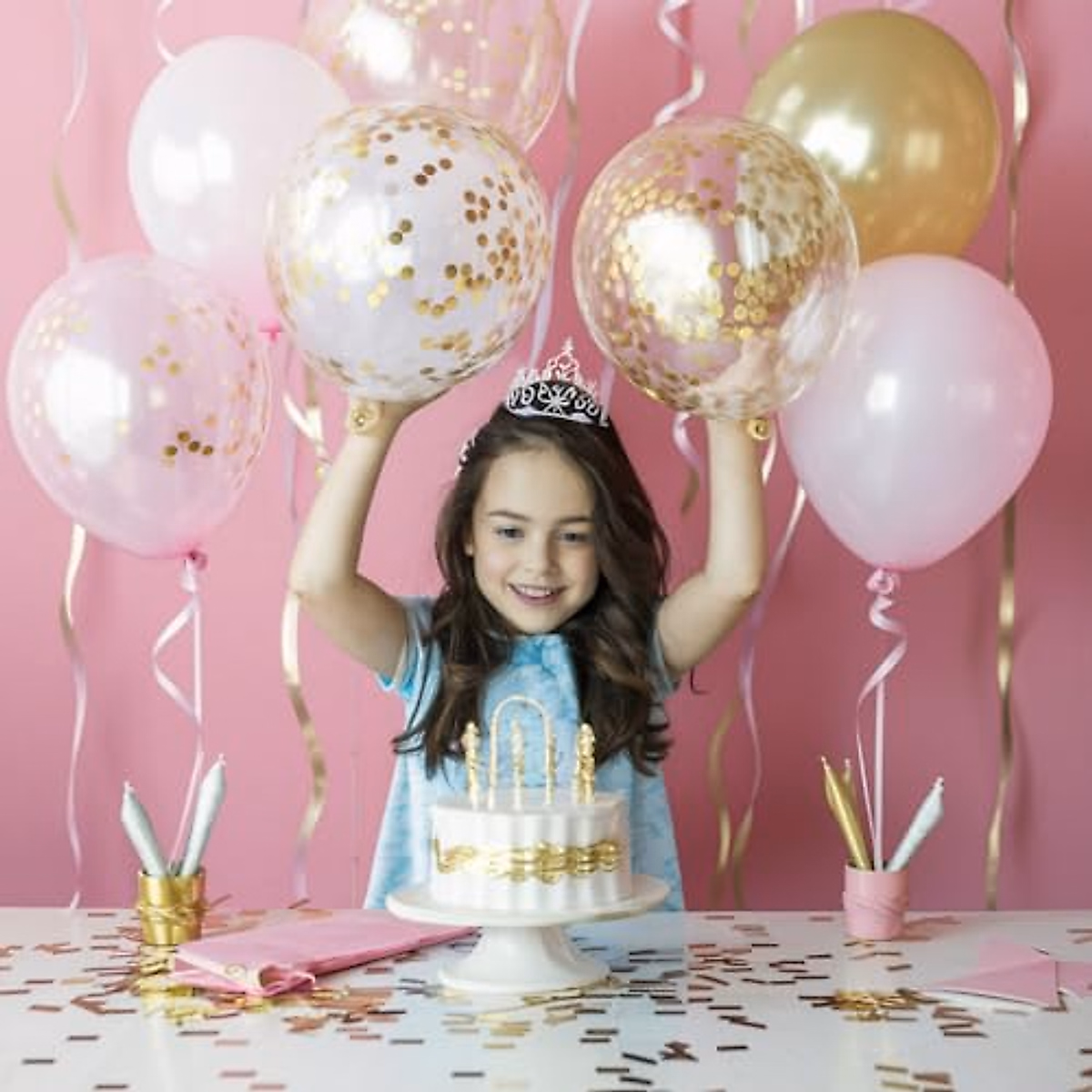 FunHot Pink and Gold Balloons, 60Pcs Retro Pink White Balloons, 12 Inch Metallic Gold Confetti Balloons Helium Light Pink Latex Party Balloons for Girls Baby Shower Birthday Princess Party Decorations