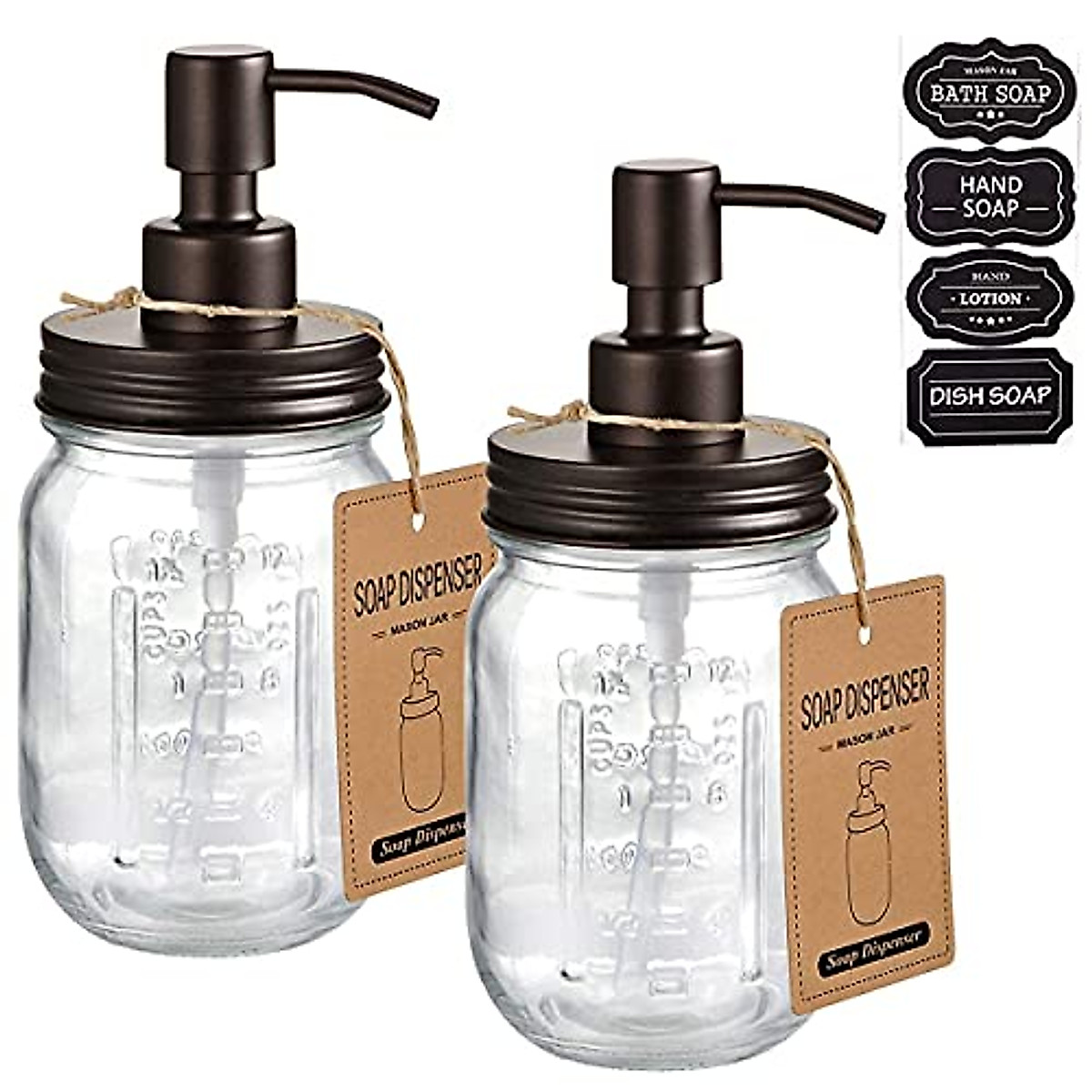 Amolliar 4PCS & 2pcs Bronze Mason Jar Bathroom Accessories Set-3pcs Lotion Soap Dispenser & 2pcs Cotton Swab Holder &1pcs Toothbrush Holder,Waterproof Stickers,Rustic Farmhouse Decor