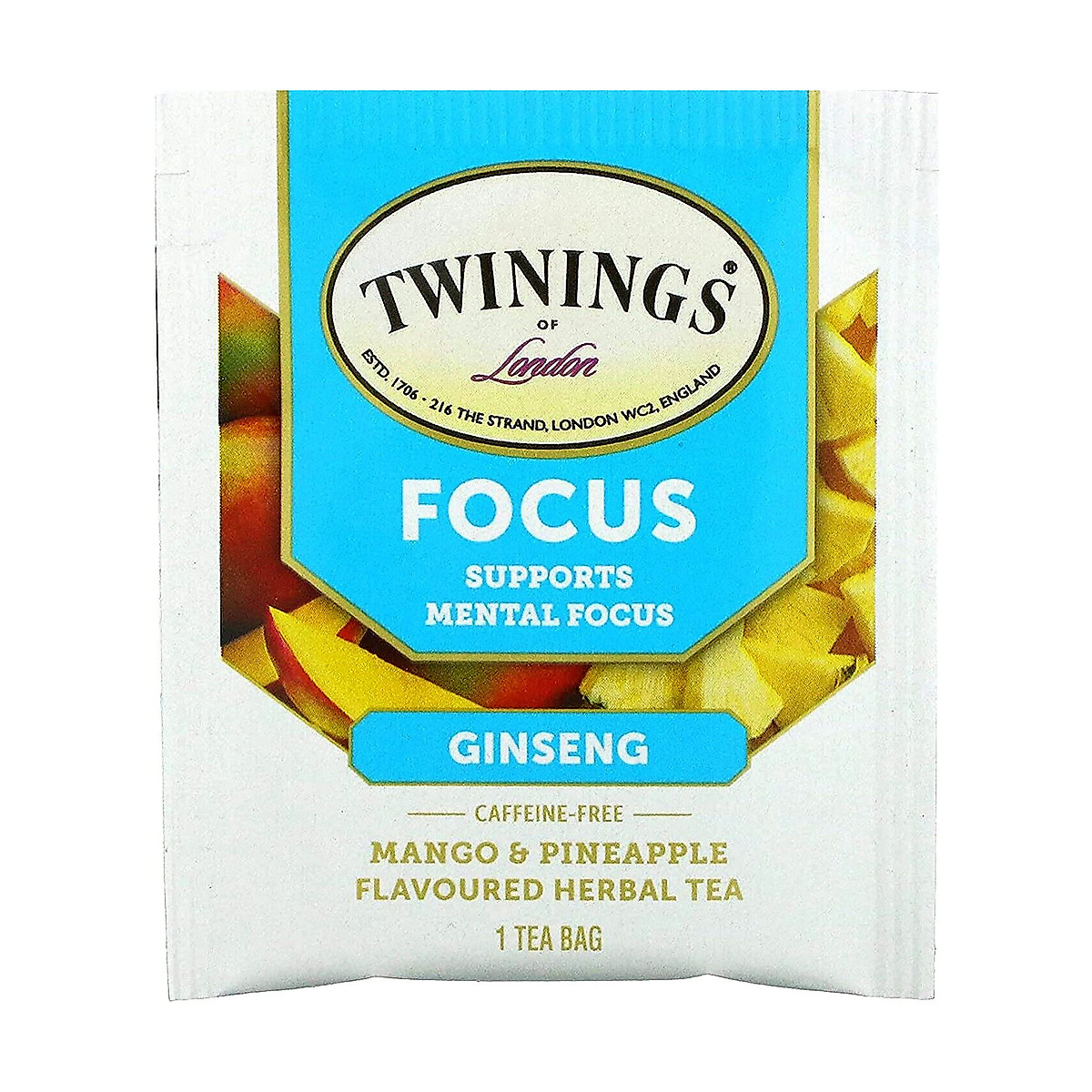 Twinings Focus Tea - Mango & Pineapple Flavoured Hibiscus Tea with Revitalizing Ginseng Root, Naturally Caffeine-Free Herbal Tea Bags Individually Wrapped, 18 Count
