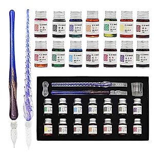 AXEARTE Glass Dip Pen Set, 18-Pieces Calligraphy Pens Set - 14 Color Inks, Pen Holder, Cleaning Cup, 2 Crystal Glass Pens for Art, Writing, Drawing, Signatures, Gift for Kids and Artist