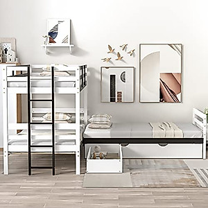 P PURLOVE Twin Over Twin & Twin Bed Bunk with Trundle, Drawer and Ladder, L-Shaped Bunk Bed Frame with Wooden Slat Support and Full-Length Guardrails, No Box Spring Needed (White)