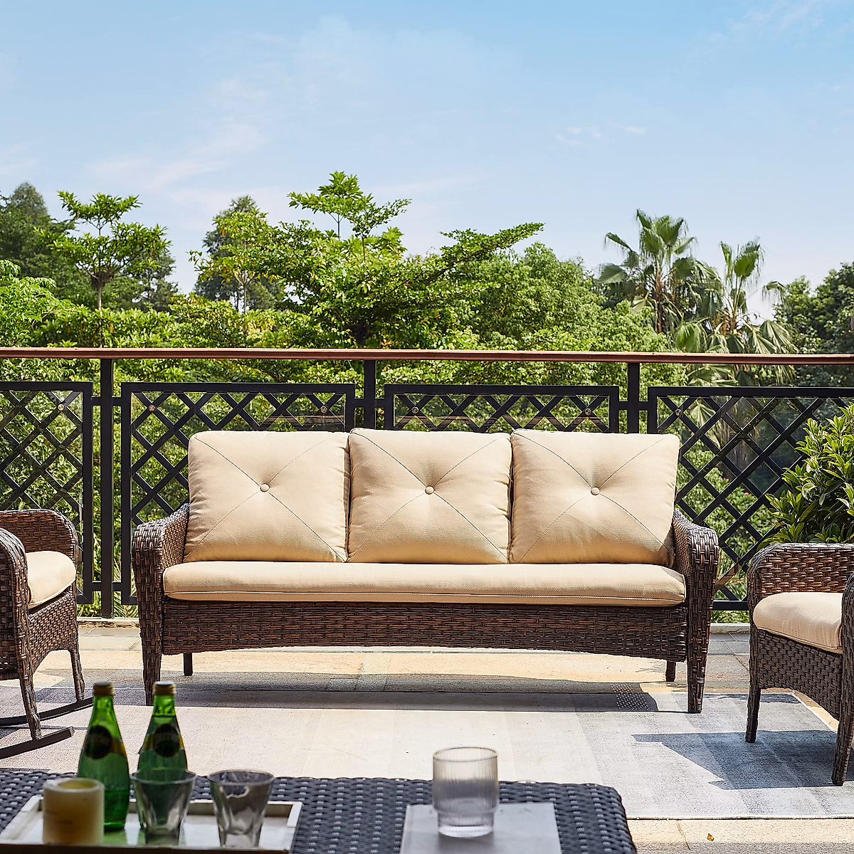 Rilyson Outdoor Patio Sofa, 3-Seat Patio Sectional PE Wicker Sofa, Outdoor Wicker Couch with Deep Seating and Cushions