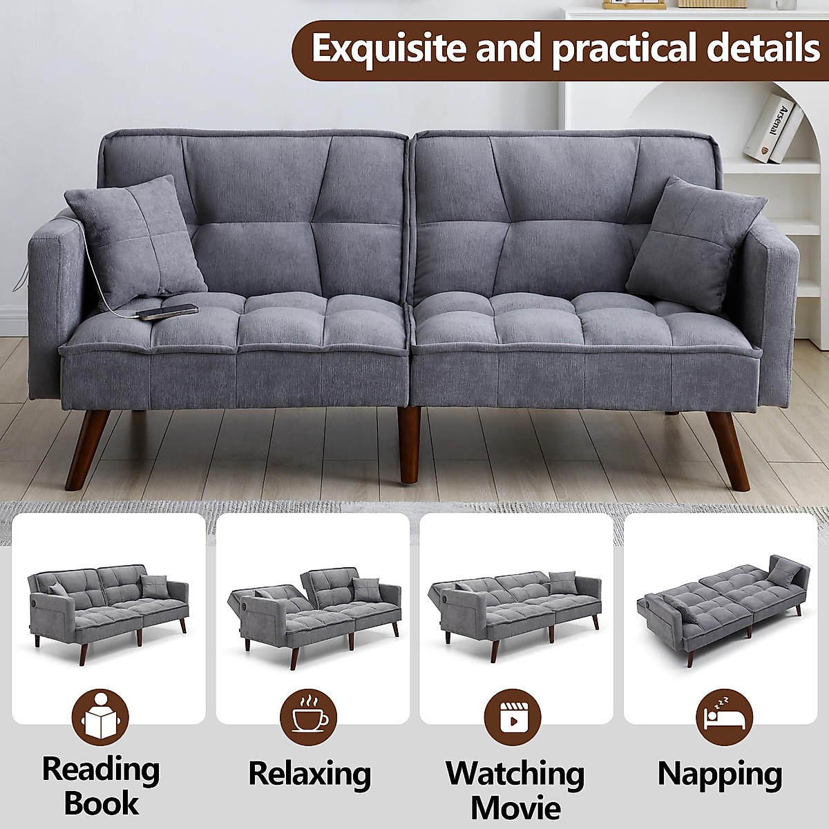 Alyncasa Folding Futon Sofa Bed, Chenille Fabric Sleeper Couch Recliner with USB Charging Port, Storage Pouch, Adjustable Angle backrest for Living Room, Bedroom, Apartment (Dark Gray)