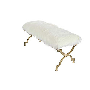 Deco 79 Metal Bench with White Faux Fur Top, 42" x 17" x 20", Gold