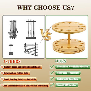 Fishing Rod Holders for Garage, Fishing Rod Organizer, Fishing Pole Stand,Fishing Rod Stand,360 Degree Rotating Vertical Fishing Pole Rack,Wooden Round Floor Stand Fishing Rod Rack Holds up to 12 Rods
