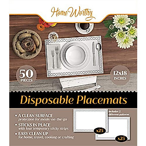 HomeWorthy White Disposable Placemats for Baby, Kids, Toddler, Children, Adults - Neat and Sticky Plastic Placemat Table Topper Solutions for Restaurant, Schools, Crafts, or Travel Mats - 40 Pack