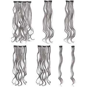 SWACC Women 20 Inches Curly Full Head 7 Separate Pieces Heat Resistance Synthetic Hair Clip in Hair Extensions (Grey)