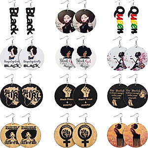 12 Pairs African Women Earrings Wooden African Wooden Earrings Round Painted Earrings Ethnic Style Drop Dangle Earrings Set (Retro Style)