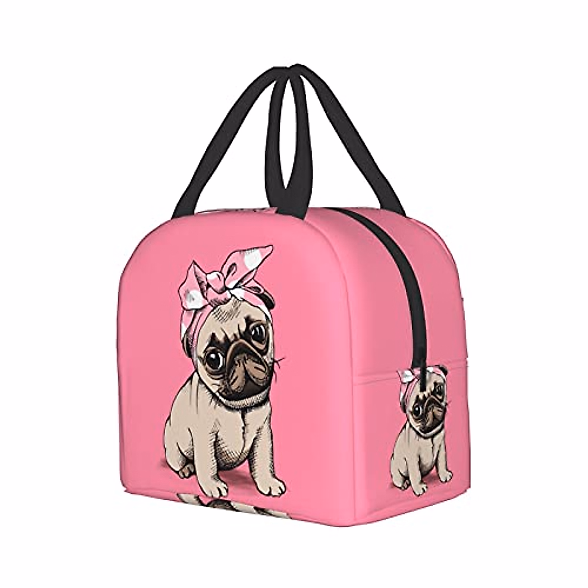 PrelerDIY Cute Pink Pug Lunch Box - Insulated Lunch Bags for Kids Boys Girls Reusable Lunch Tote Bags, Perfect for School/Camping/Hiking/Picnic/Beach/Travel