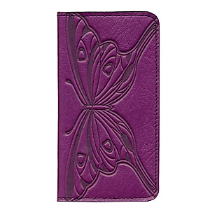 Oberon Design Butterfly Embossed Genuine Leather Checkbook Cover, 3.5x6.5 Inches, Orchid, Made in the USA