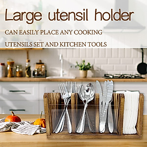 Oboase Wooden Utensil Holder, Utensil Caddy with Napkin Holder, Large Utensil Holder, Silverware Caddy, Kitchen Utensil Holder Organizer for Countertop,Outdoor, Party and Cooking Tools Storage