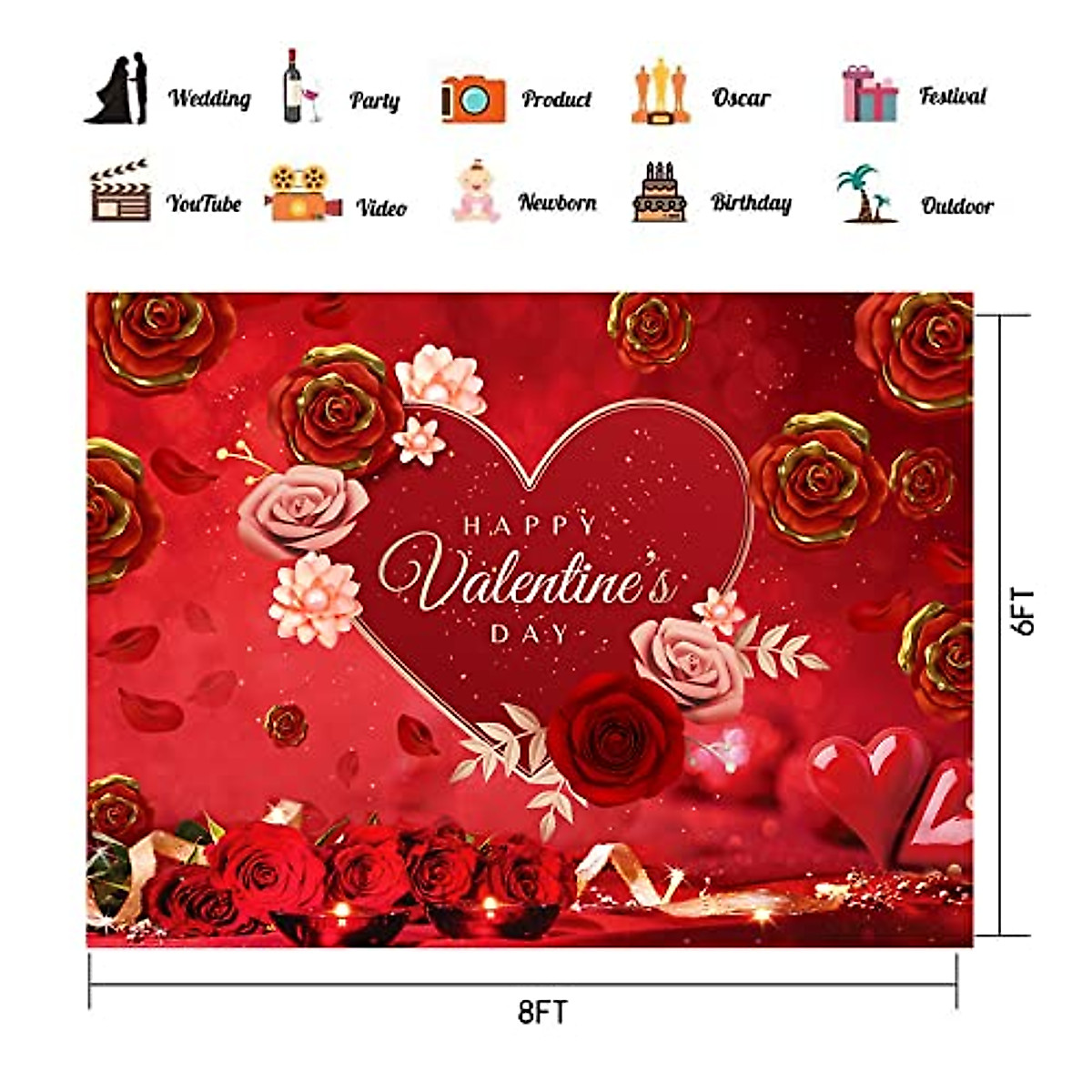 CHAIYA 8x6ft Valentine's Day Photography Backdrop Red Love Heart Romantic Red Rose Flowers Bokeh Valentine's Day Wedding Bridal Shower Party Decor Banner CY-199