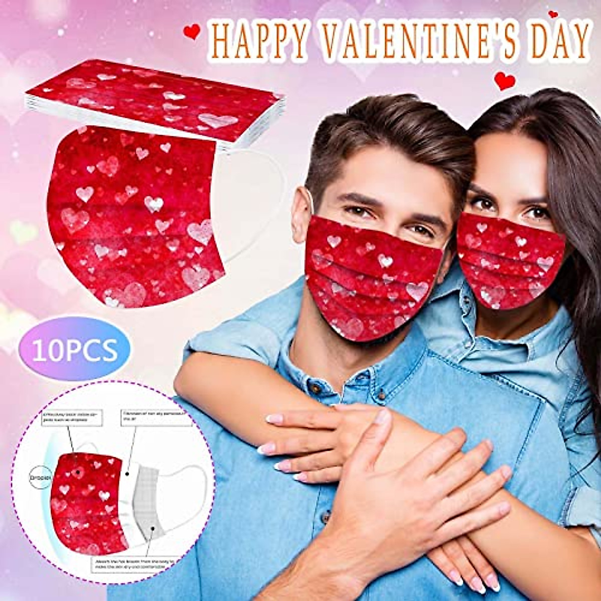 50Pack Valentines Disposable Face_Masks for Adults Women Valentines Day Holiday Disposable Love Heart Print Non Woven