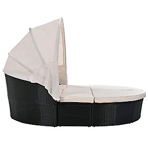 Merax Outdoor Patio Rattan Round Daybed Sunbed with Retractable Canopy, Sectional Sofa Set for Backyard and Porch, Black Furniture Clamshell Seating Containing Washable Cushions, Beige