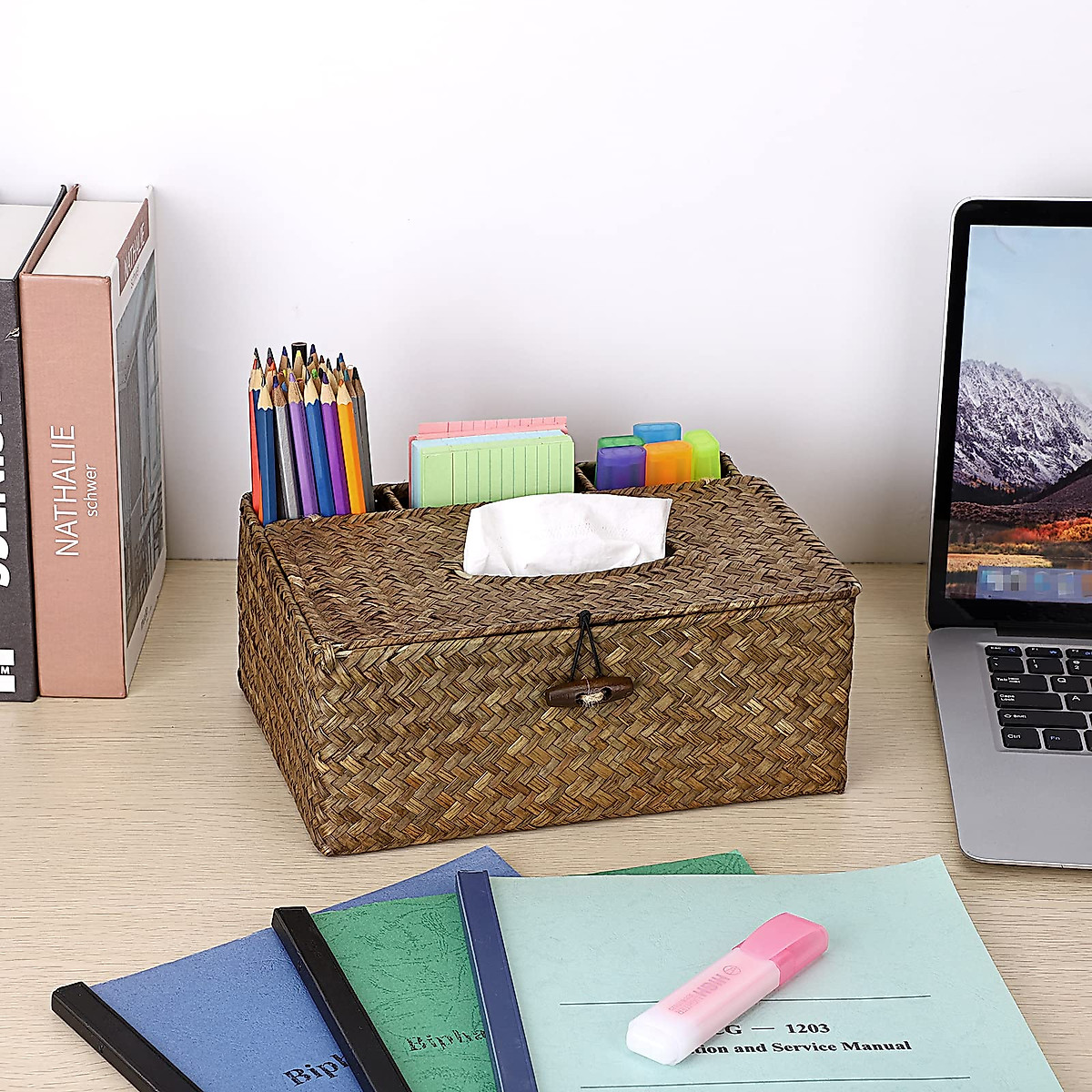 Sumnacon Seagrass Rectangular Tissue Box Cover - Multifunctional Tissue Holder with Stationery Remote Control Box, Decorative Tissue Pen Remote Organizer for Desktop Livingroom Home Office, Caramel
