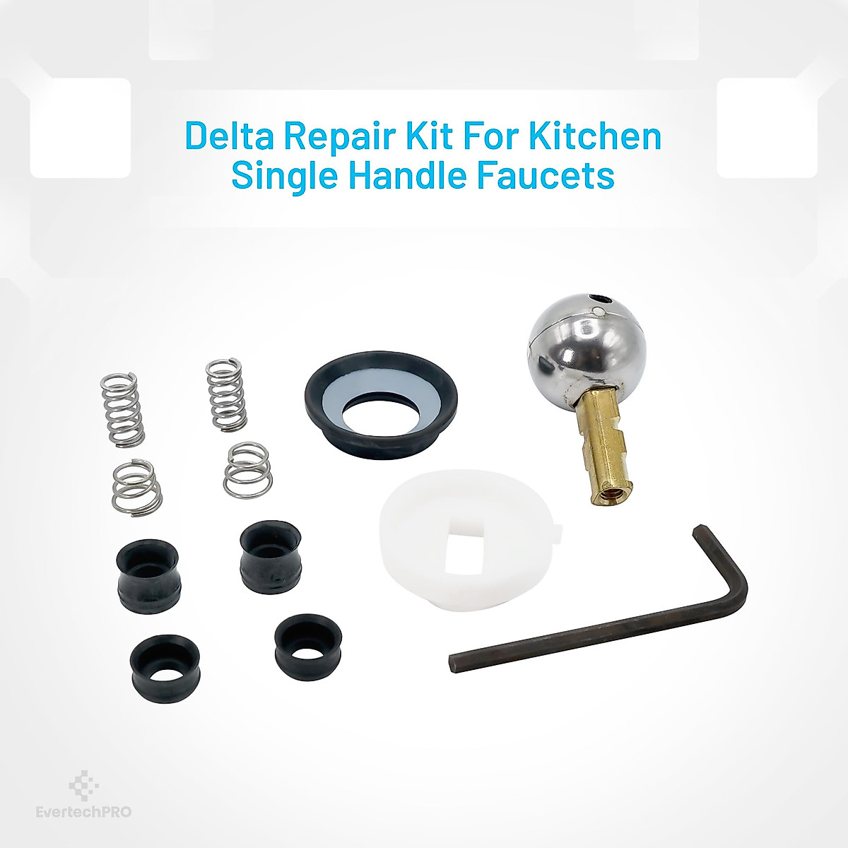 PLBDA02 EvertechPRO fits Delta Faucet Repair Kit Stainless Steel Ball, Tooling Replacement Cam, White Slot Hole and Black Parts, Allen Key, 4 Pcs Seal Kits, 4 Springs, fits Delta