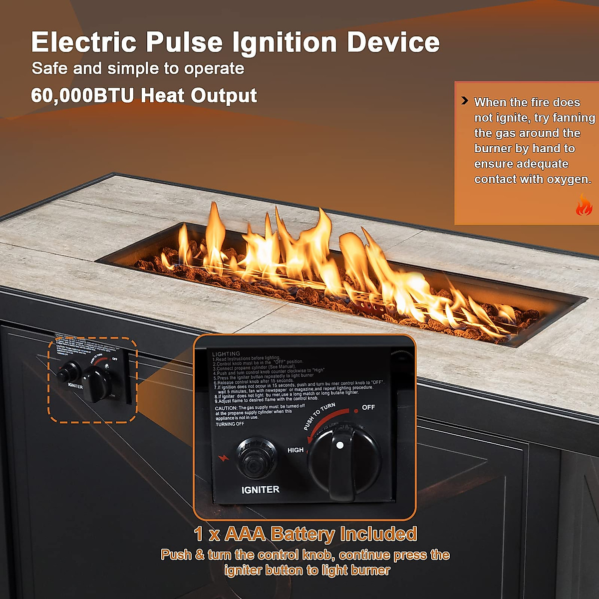 Tangkula 42 Inch Propane Fire Pit Table, Patiojoy 60,000 BTU Outdoor Rectangle Gas Fire Table with Ceramic Tabletop, Lava Rocks & PVC Cover Included, Auto-Ignition Propane Heater for Backyard, Patio