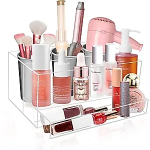 Hair Tool Organizer, Clear Acrylic Hair Dryer Holder and Hair Tools Organizer with Drawer, Bathroom Vanity Countertop Storage Organizer for Blow Dryer, Curling Irons, Makeup, Toiletries (Clear)