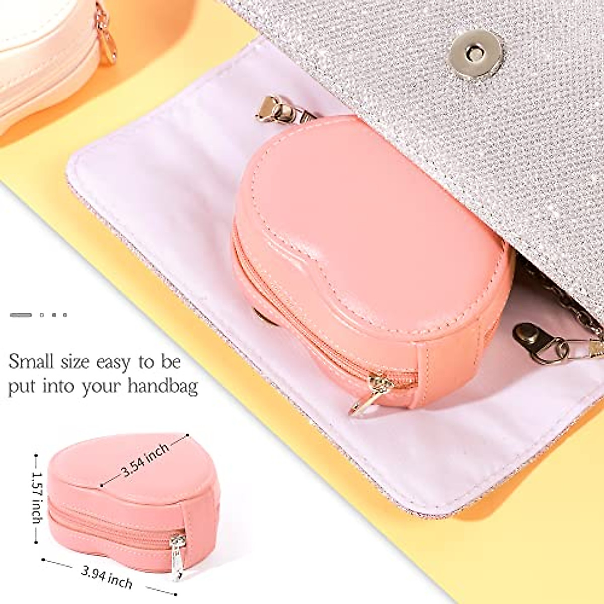 Dajasan Mini Travel Jewelry Case Portable Travel Jewelry Organizer Small Heart-shaped Leather Jewelry Box for Women Girls (Pink)