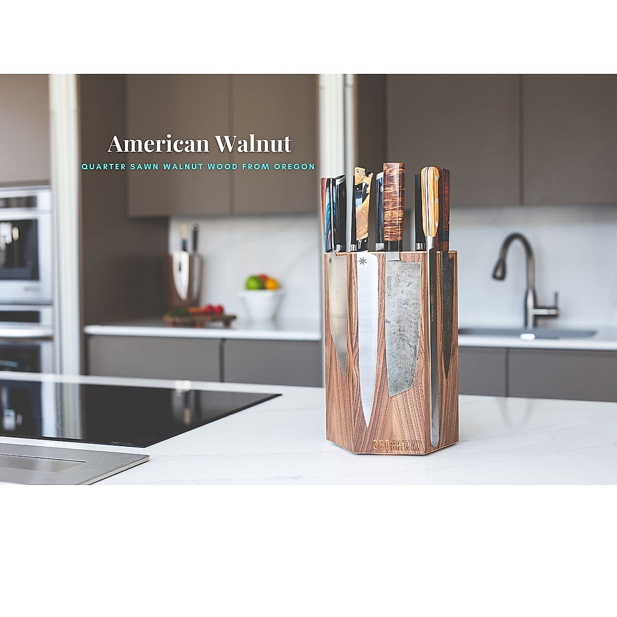 360 Knife Block MAX - (walnut) rotating, magnetic, knife block - NOW w/top slots - capacity for 20+ knives & 12" blades (Walnut wood)