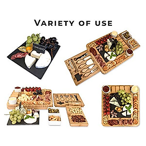 Bamboo Cheese Board and Knife Set Ceramic Bowls Wine Opener - 100% Organic Wood Serving Tray Charcuterie Board Perfect Choice for Gourmets, Birthday Presents, Wedding Gifts, Mothers & Housewarming