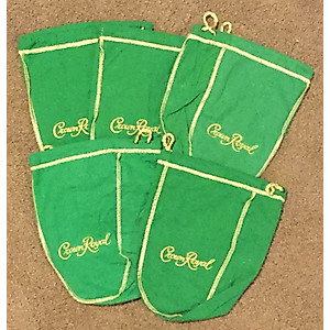 Pack of 5 Green Crown Royal Bags w/Gold Drawstrings from 1 Liter Bottles (9 inch x 5.5 inch) for Gift Bags, Carrying Card Games or Dice Bulk Fabric for quilting sewing or crafts (5)