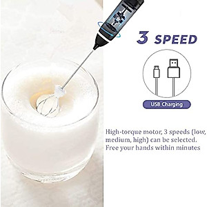 Milk Frother Handheld, Immersion Blender Cordlesss Foam Maker USB Rechargeable Small Mixer with 2 Stainless Whisks，Wisker for Stirring 3-Speed Adjustable Mini Frother for Cappuccino Latte Coffee Egg