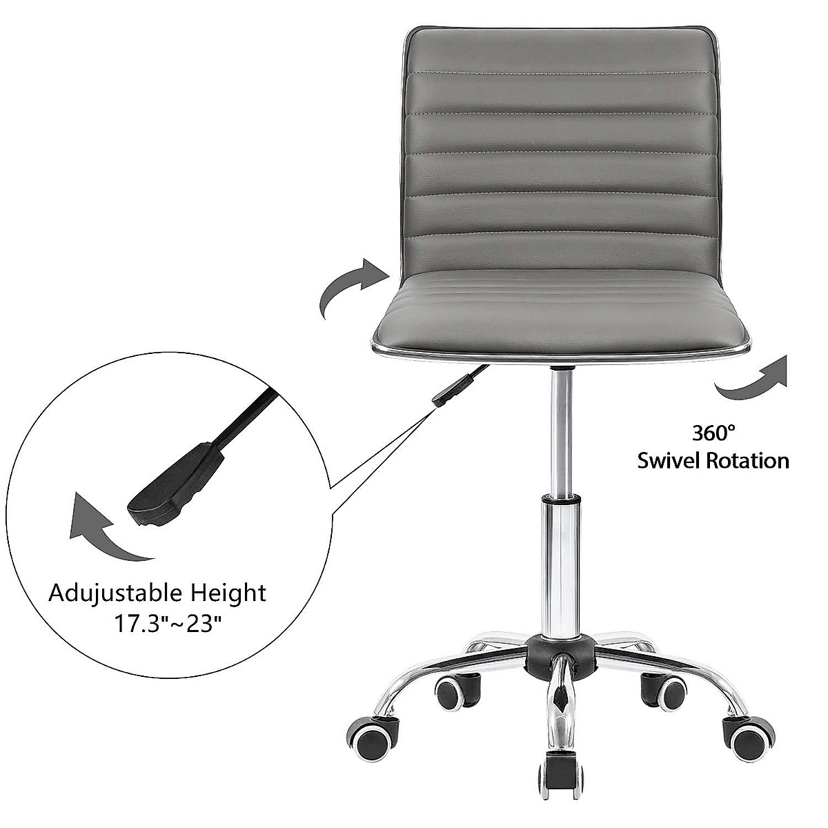 Homall Modern Adjustable Low Back Armless Ribbed Task Office Desk Vanity Swivel Rolling Leather Computer Conference Chair (Gray)