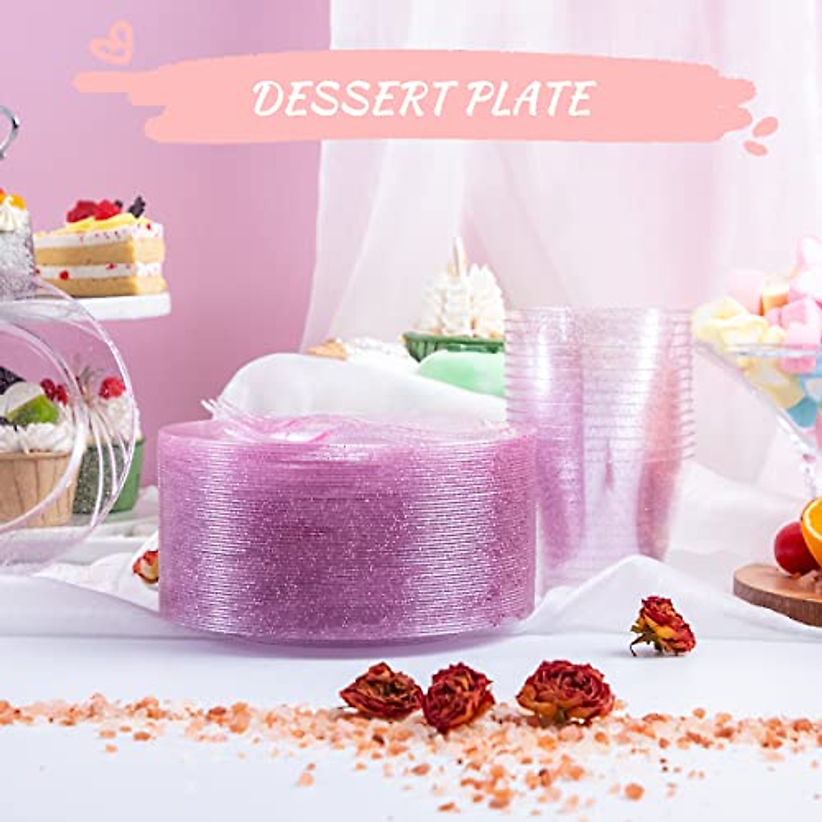 BUCLA 100pack Dessert Plates Pink Plates 6.5inch -100pack Plastic Dessert Forks 5inch-100Pack Disposable 9oz Rose Pink Plastic Cups- Perfect for Weddings& Parties&Mothers Day Plates