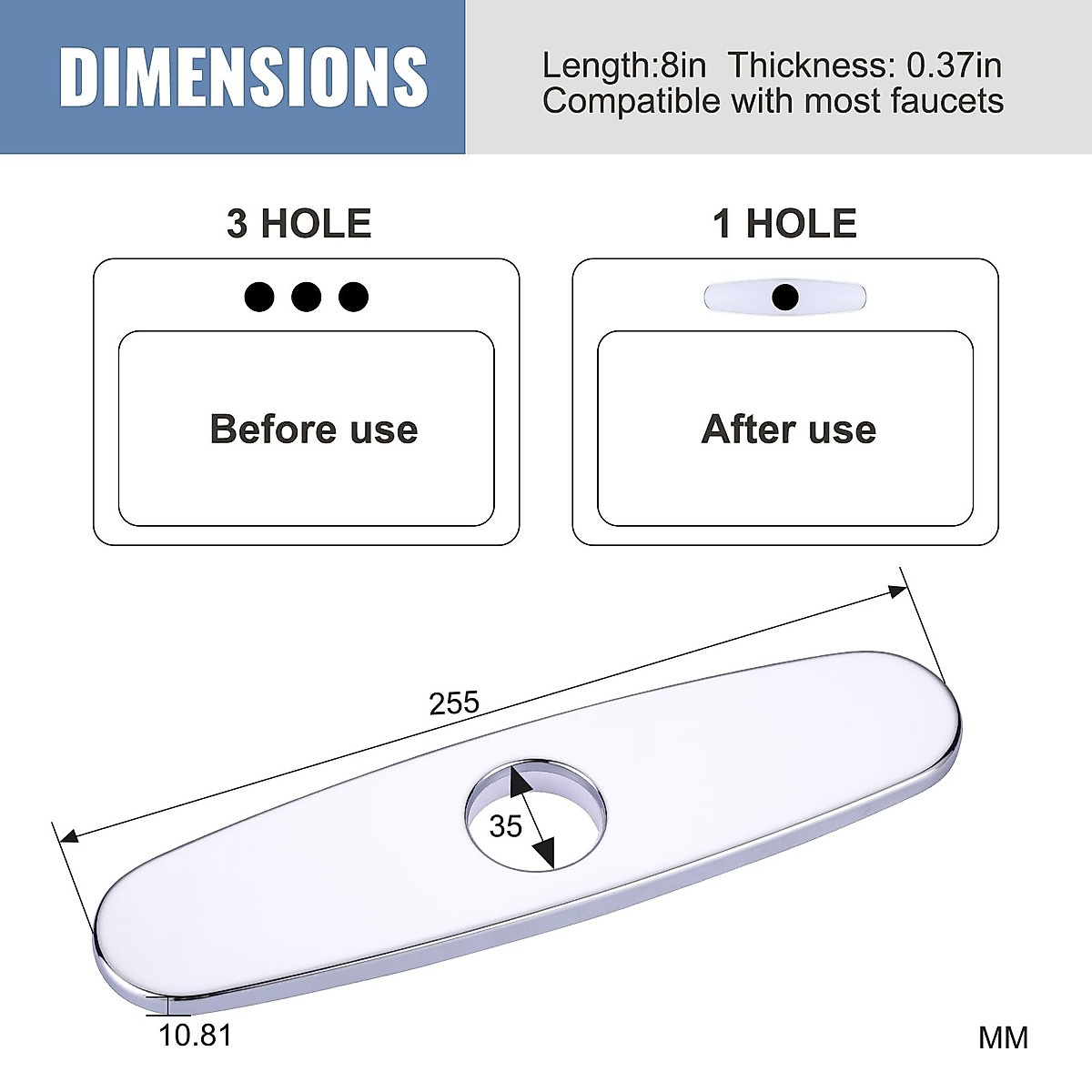 WOWOW Faucet Plate,Kitchen Sink Cover Stainless Steel Plate for 1 or 3 Hole Bathroom or Kitchen Sink Faucet Mixer Tap 10 Inch Escutcheon Hole Covers Chrome