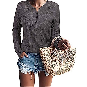Womens Henley Shirts V Neck Long Sleeve Button Down Tops Warm Waffle Knit Tees (Large, Dark Grey)