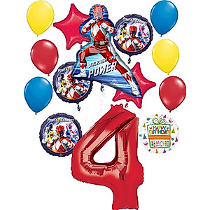 Power Rangers Party Supplies 4th Birthday Unleash the Power Balloon Bouquet Decorations Red Number 4