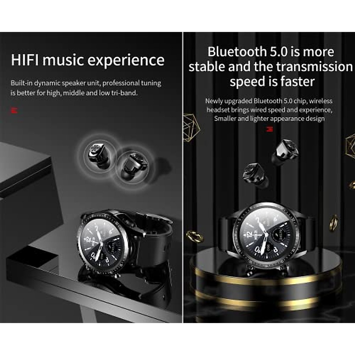 YOKKBRUN Smart Watch Built-in Bluetooth Earbuds Combo,2 in 1, Noise Cancelling, Heart Rate Monitor, Sleeping Monitor, Music Control, Various dials, Round Fitness Tracker Watch