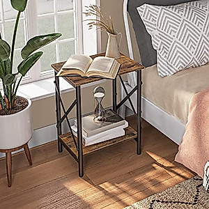 MAHANCRIS Small Side Table, 2-Tier Narrow End Table with Storage, X-Shaped Narrow Nightstand, Bedside Table for Small Spaces, Steel Frame, Living Room, Bedroom, Easy Assembly, Rustic Brown ETHR2801Z