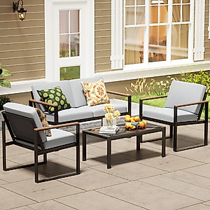 NATURAL EXPRESSIONS 4 Pieces Patio Furniture Sets,Outdoor Metal Sectional Furniture Modern Patio Conversation Set,Fuaxwood Anti-Scald Armrest,Sling Mesh,Tempered-Glass Table,4" Olefin Cushions
