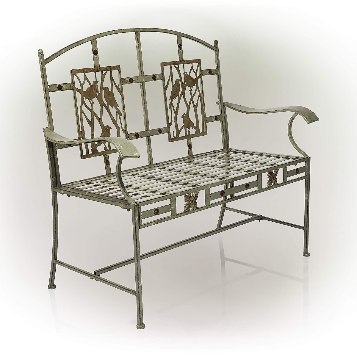 Alpine Corporation 45" x 22" Outdoor 2 Person Metal Garden Bench with Bird Design, White