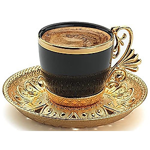 (Set of 6) Demmex Turkish Greek Arabic Coffee Espresso Demitasse Cup Saucer Spoon Set, Black Cups (Gold)