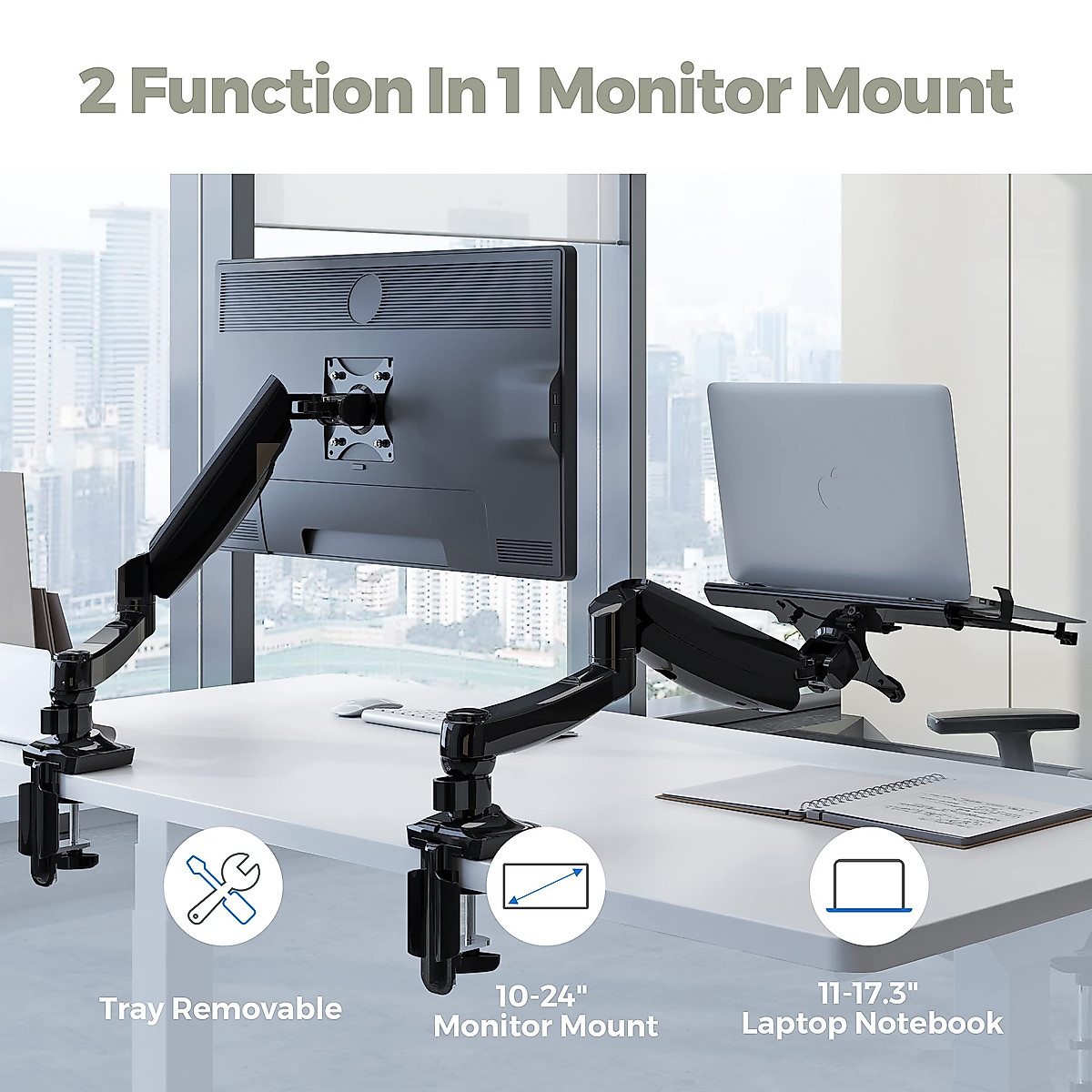 FLEXIMOUNTS 2-in-1 Monitor Arm Laptop Mount Stand Swivel Gas Spring LCD Arm Height Adjustable Desk Mounts for 10''-24' Monitor/ 11-17.3 inches Notebook