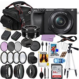 Sony A6400 Mirrorless Camera with 16-50mm Lens Bundle + Commander Optics Accessories Pro Package Including Filters, Auxiliary Lenses + 64GB Memory, Movavi Software Package & More (Renewed)