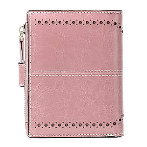 Women Wallet Pouch Purse Genuine Leather Bifold ID Window Credit Debit Card Holder RFID Protected with Gift Box (Pink)